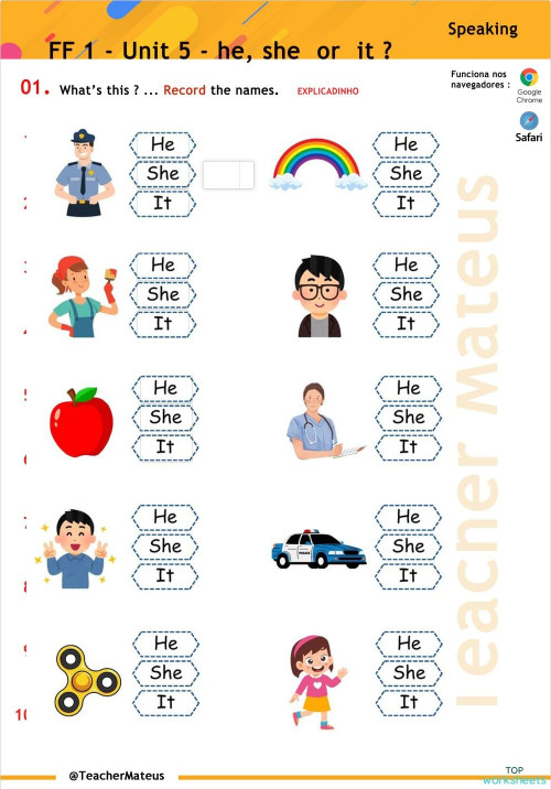 FF 1 - Unit 5 - 2 - He, she or it ? - Speaking. Interactive worksheet ...