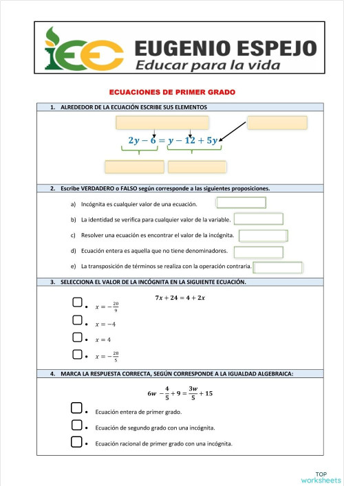 Introducción al lenguaje algebraico. Ficha interactiva | TopWorksheets