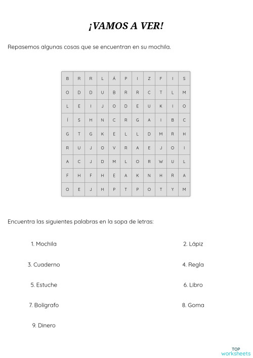 En mi mochila. Ficha interactiva | TopWorksheets