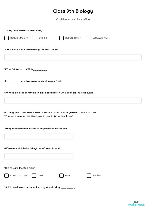 Class 9th Biology. Interactive worksheet | TopWorksheets