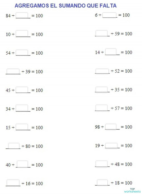 AGREGAMOS EL SUMANDO QUE FALTA. Ficha interactiva | TopWorksheets