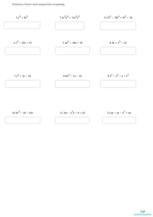 Factoring Polynomials. Interactive worksheet | TopWorksheets