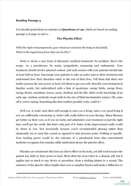 [1-1 Nguyên] Placebo effect 1. Interactive worksheet | TopWorksheets