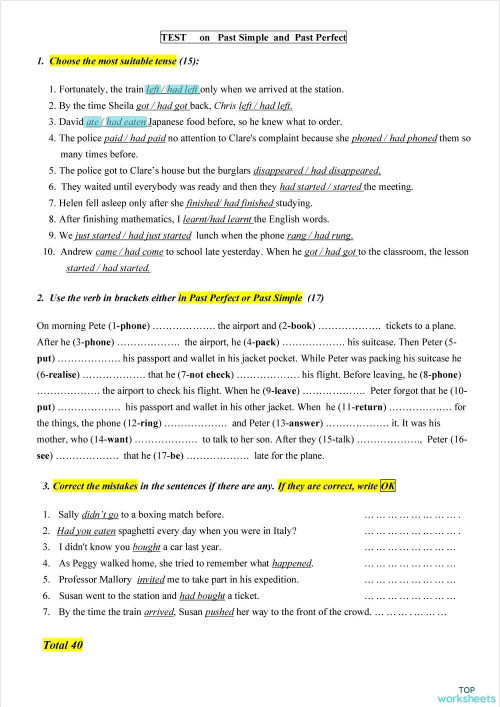 TEST_Past simple - Past perfect tenses. Interactive worksheet ...