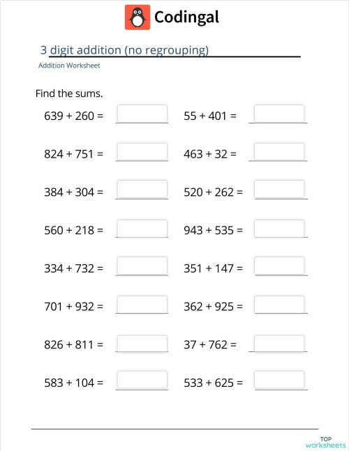 M_G02M05L22_WE01_Addition of Three-Digit Numbers (Without Regrouping). Interactive worksheet ...