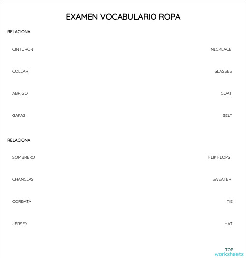 EXAMEN VOCABULARIO ROPA. Ficha interactiva | TopWorksheets