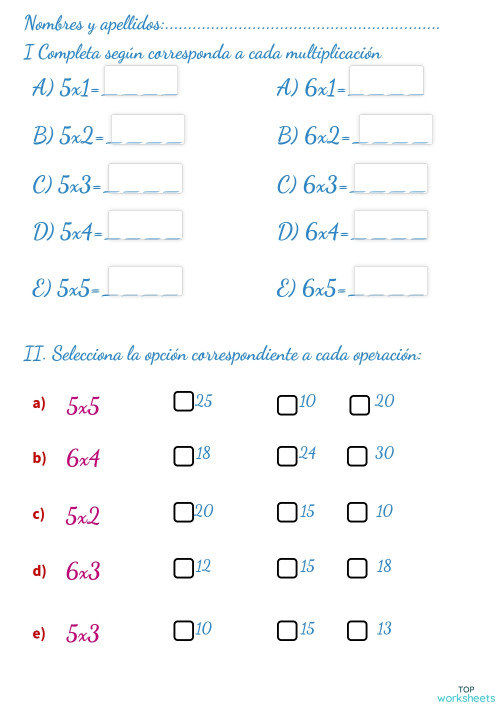 multiplicación por 5 y 6. Ficha interactiva | TopWorksheets