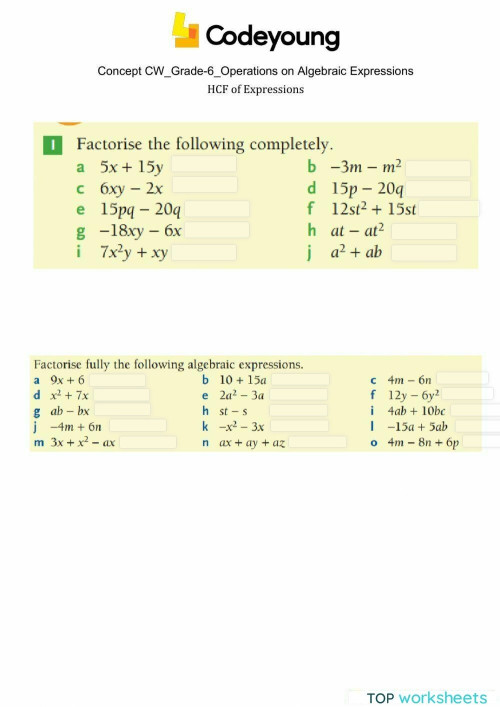 HCF of Expressions Concept CW. Interactive worksheet | TopWorksheets