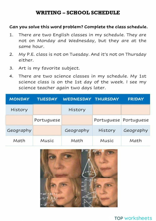 Writing - School Schedule. Interactive worksheet | TopWorksheets