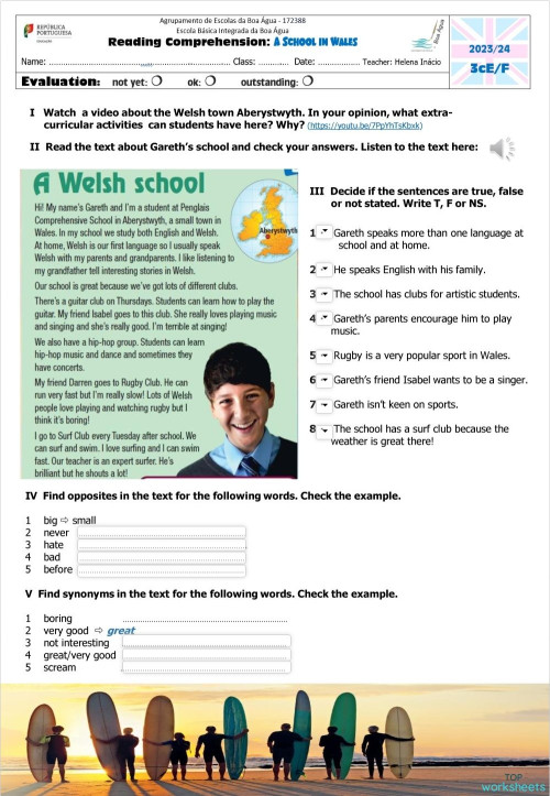 A Welsh School. Interactive worksheet | TopWorksheets