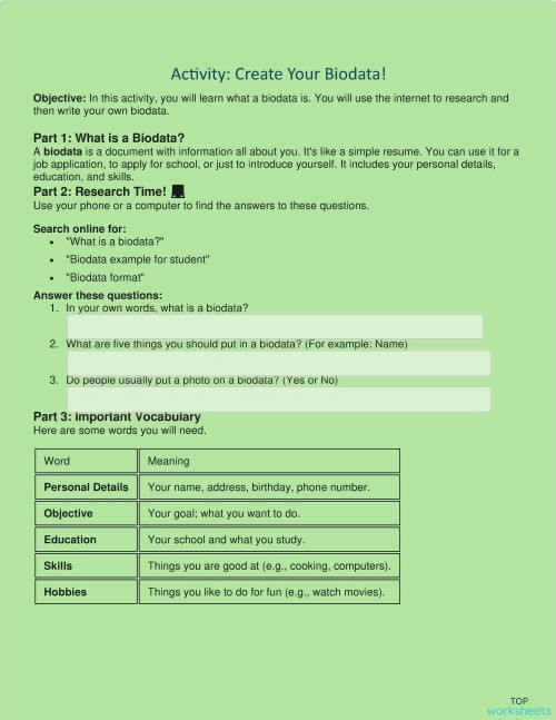 BIODATA-PRACTICE-PET. Interactive worksheet | TopWorksheets
