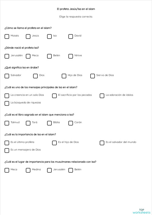 El profeta Jesús/Isa en el islam. Ficha interactiva | TopWorksheets