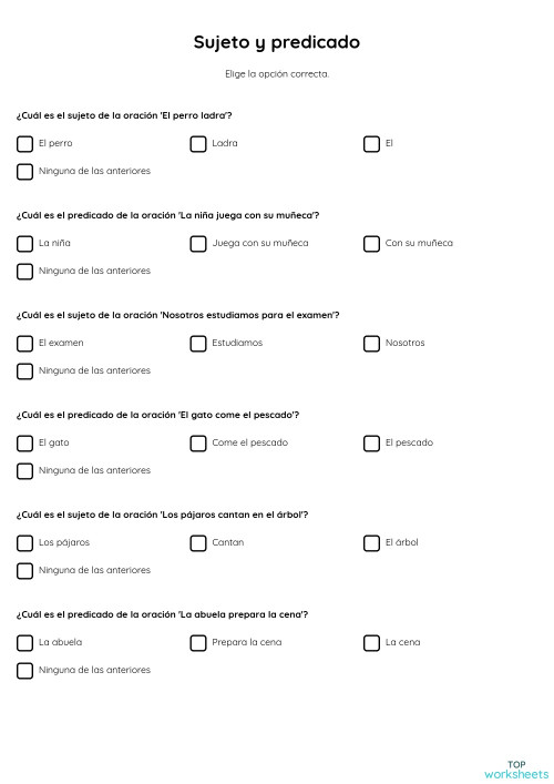 Sujeto y predicado. Ficha interactiva | TopWorksheets