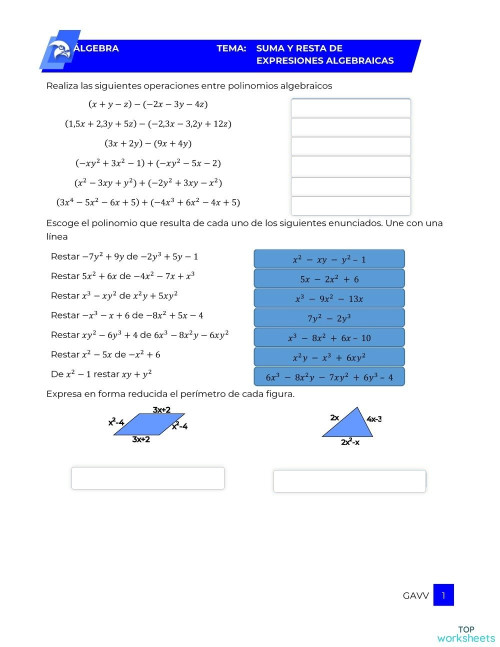 Suma y resta de expresiones algebraicas. Ficha interactiva | TopWorksheets