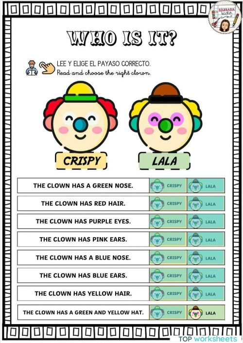 Read and choose the correct clown. Interactive worksheet | TopWorksheets
