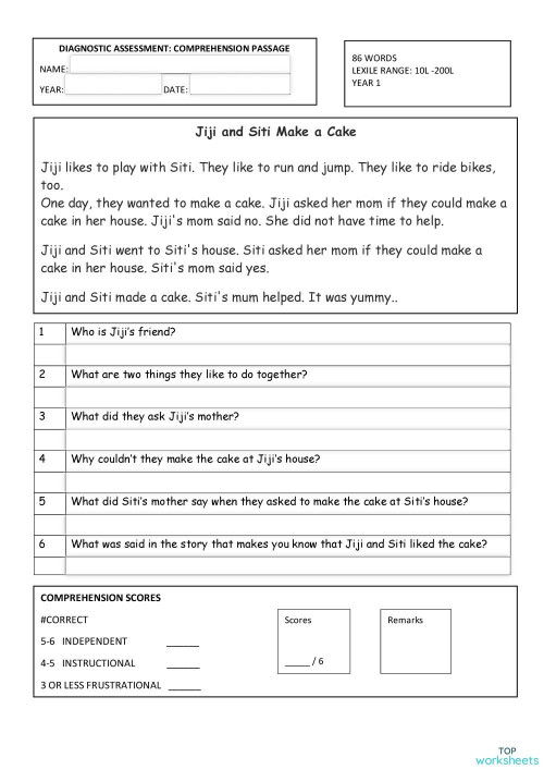 Y1 Comprehension Diagnostic. Interactive worksheet | TopWorksheets