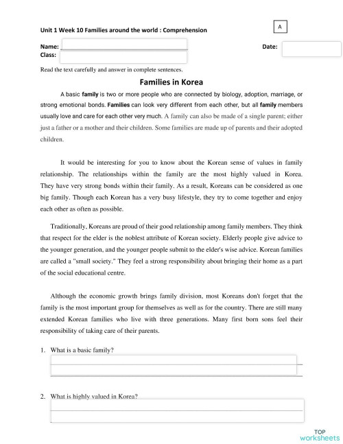 Families in Korea (Group A). Interactive worksheet | TopWorksheets