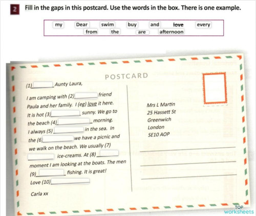 Postcard exercise page 49. Interactive worksheet | TopWorksheets