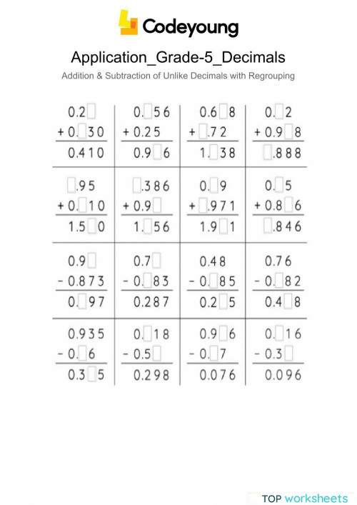 Application-Addition & Subtraction of Unlike Decimals with Regrouping ...