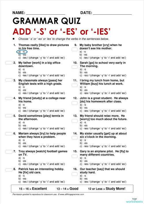 QUIZ -add-s-es-ies. Interactive worksheet | TopWorksheets
