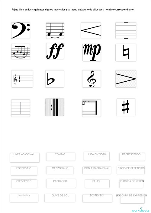 Signos de la partitura. Ficha interactiva | TopWorksheets