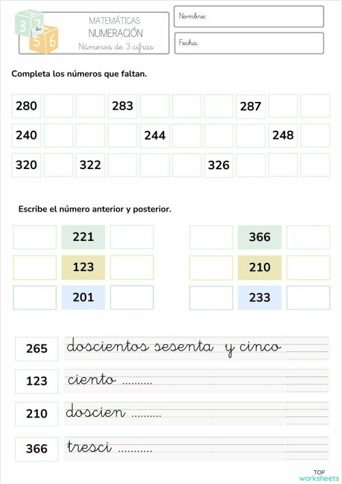 Ficha matemática de numeración de números de tres cifras. Ficha ...