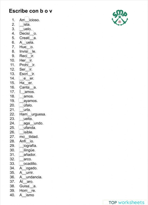 PALABRAS CON V Y B. Ficha interactiva | TopWorksheets