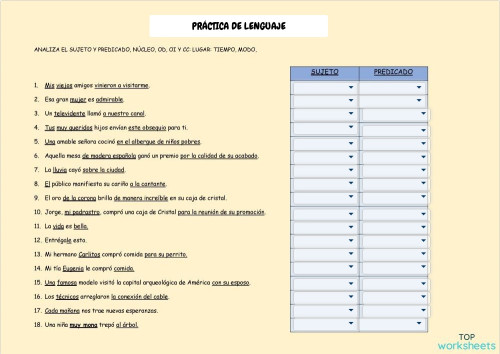 PRÁCTICA (Tipos de oraciones, sujeto y predicado). Ficha interactiva ...