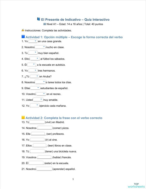 El presente de indicativo - Nivel A1 - 1. Ficha interactiva | TopWorksheets