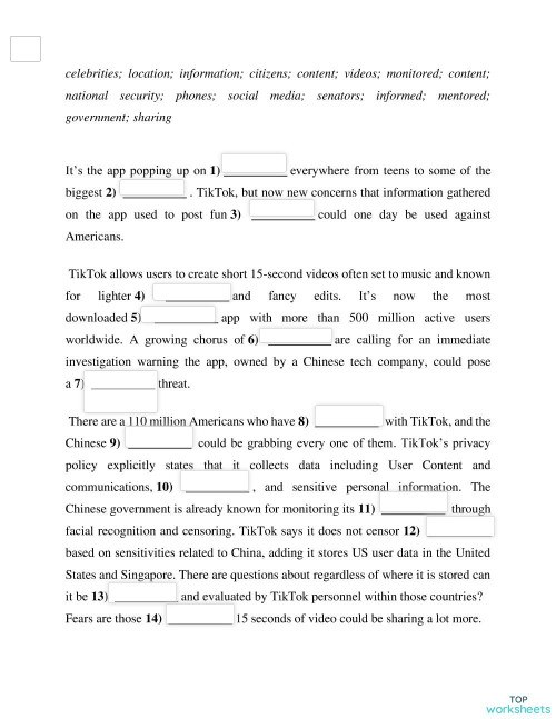 TIK TOK Security. Interactive worksheet | TopWorksheets