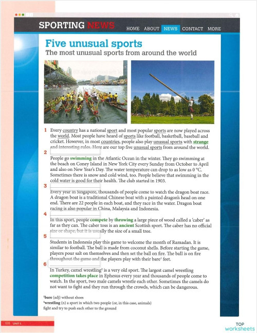 READING: FIVE UNUSUAL SPORTS. Interactive worksheet | TopWorksheets