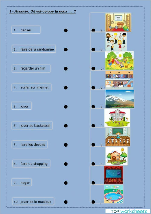 Les activités et les lieux. Fiche interactive | TopWorksheets