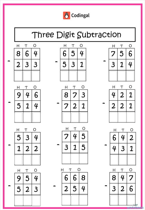 M_G02M06L28_WA01_Three Digit Subtraction. Interactive worksheet | TopWorksheets