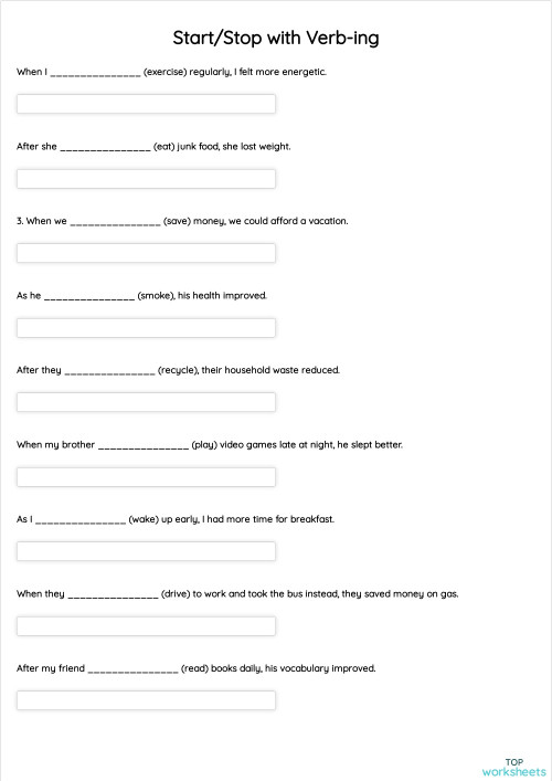 Start/Stop with Verb-ing ใบงานเชิงโต้ตอบ | TopWorksheets