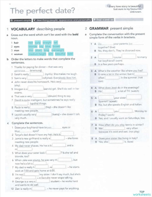 ACT 4- THE PERFECT DATE (GRAMMAR AND VOCABULARY PRACTICE). Interactive ...