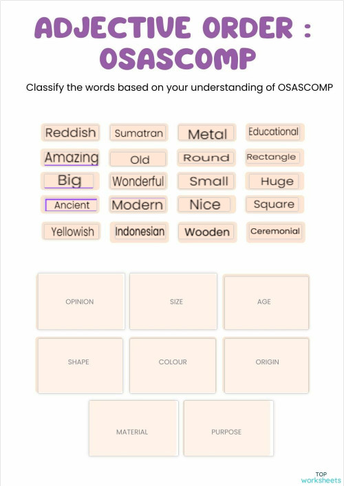 ADJECTIVE ORDER : OSASCOMP. Interactive worksheet | TopWorksheets