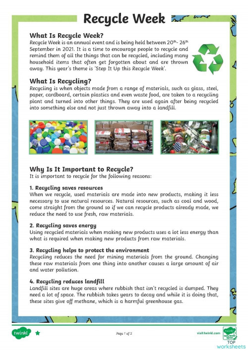 Recycle Week (Comprehension). Interactive worksheet | TopWorksheets