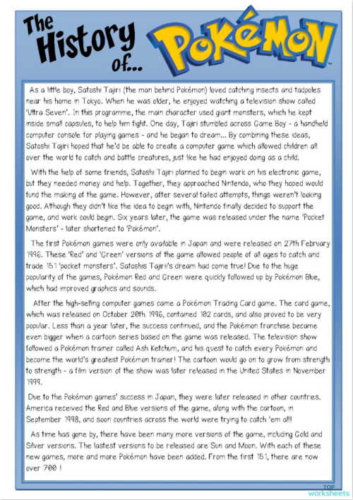 Reading comprehension Pokemon. Ficha interactiva | TopWorksheets