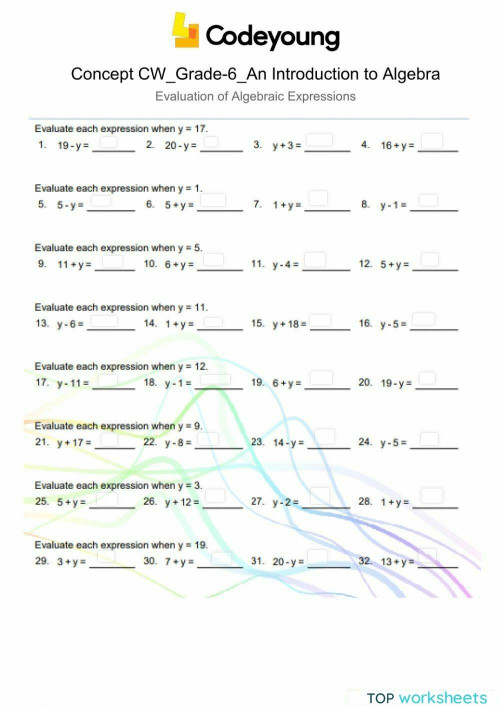 Evaluation of Algebraic Expressions Concept CW. Interactive worksheet ...