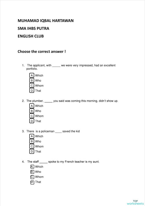 WS2 EC RELATIVE PRONOUN. Interactive worksheet | TopWorksheets