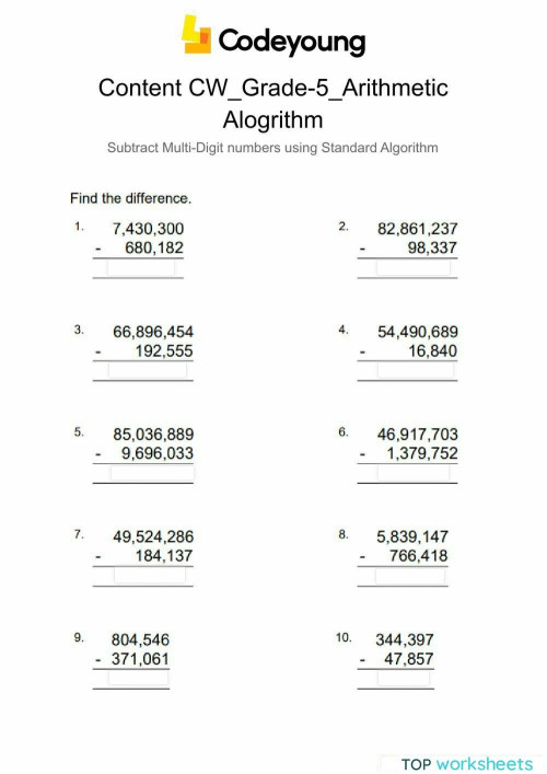 Content-CW-Subtract Multi-Digit numbers using Standard Algorithm (2 ...
