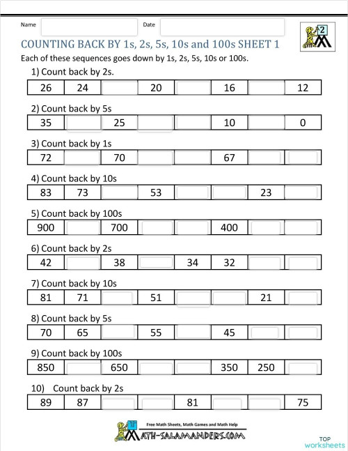Counting Back by 1s, 2s, 5s, 10 and 100s Sheet 1. Interactive worksheet | TopWorksheets