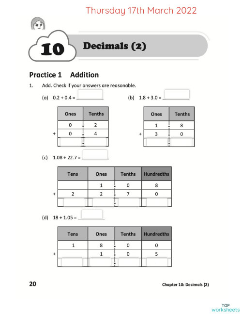ADDITION OF DECIMALS. Interactive worksheet | TopWorksheets