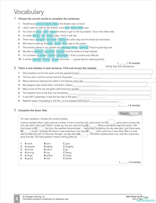 Close-up A2 Term Test 3 Vocabulary. Interactive worksheet | TopWorksheets