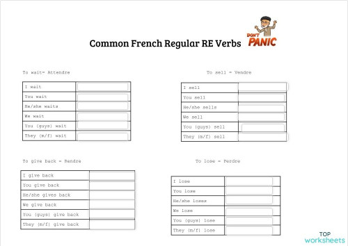 Common Regular French RE Verbs. Interactive worksheet | TopWorksheets