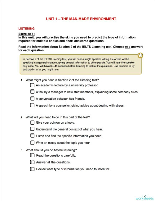 Unit 1 - Listening - The man-made environment. Interactive worksheet ...