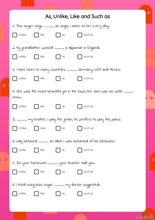 As, Unlike, Like and Such as. Interactive worksheet | TopWorksheets