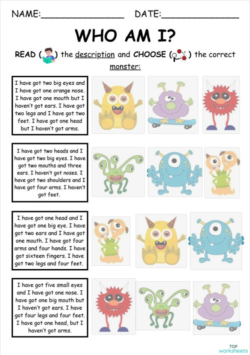 Who am I? - Monsters Version. Interactive worksheet | TopWorksheets