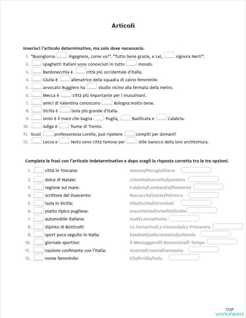 Articoli: schede interattive ed esercizi online | TopWorksheets