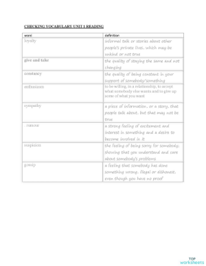 unit 1 vocabularycheck. Interactive worksheet | TopWorksheets